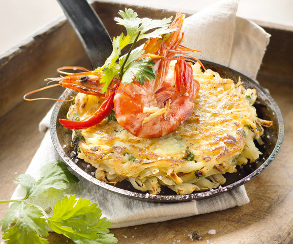 Delicious recipe: Rosti potato with cilantro and ginger prawns